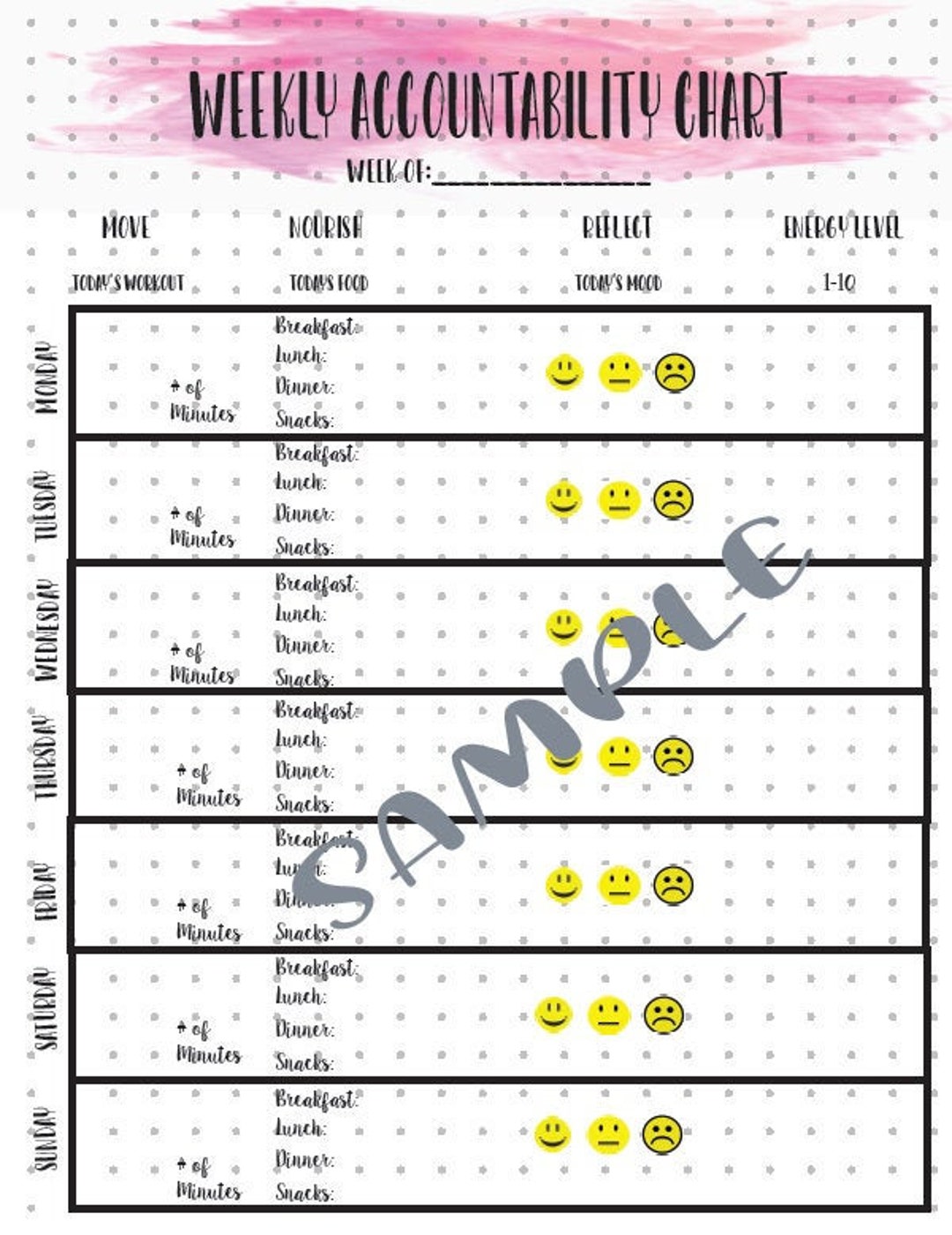 PRINTABLE Weekly Accountability Chart & Water Intakedigital File PINK ...