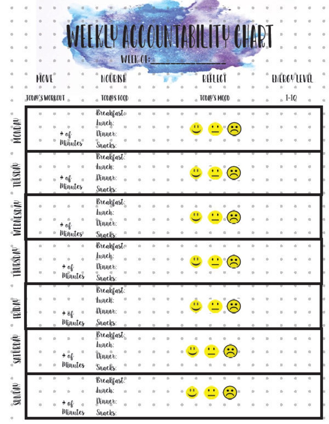 PRINTABLE Weekly Accountability Chart & Water Intakedigital File CLOUD ...