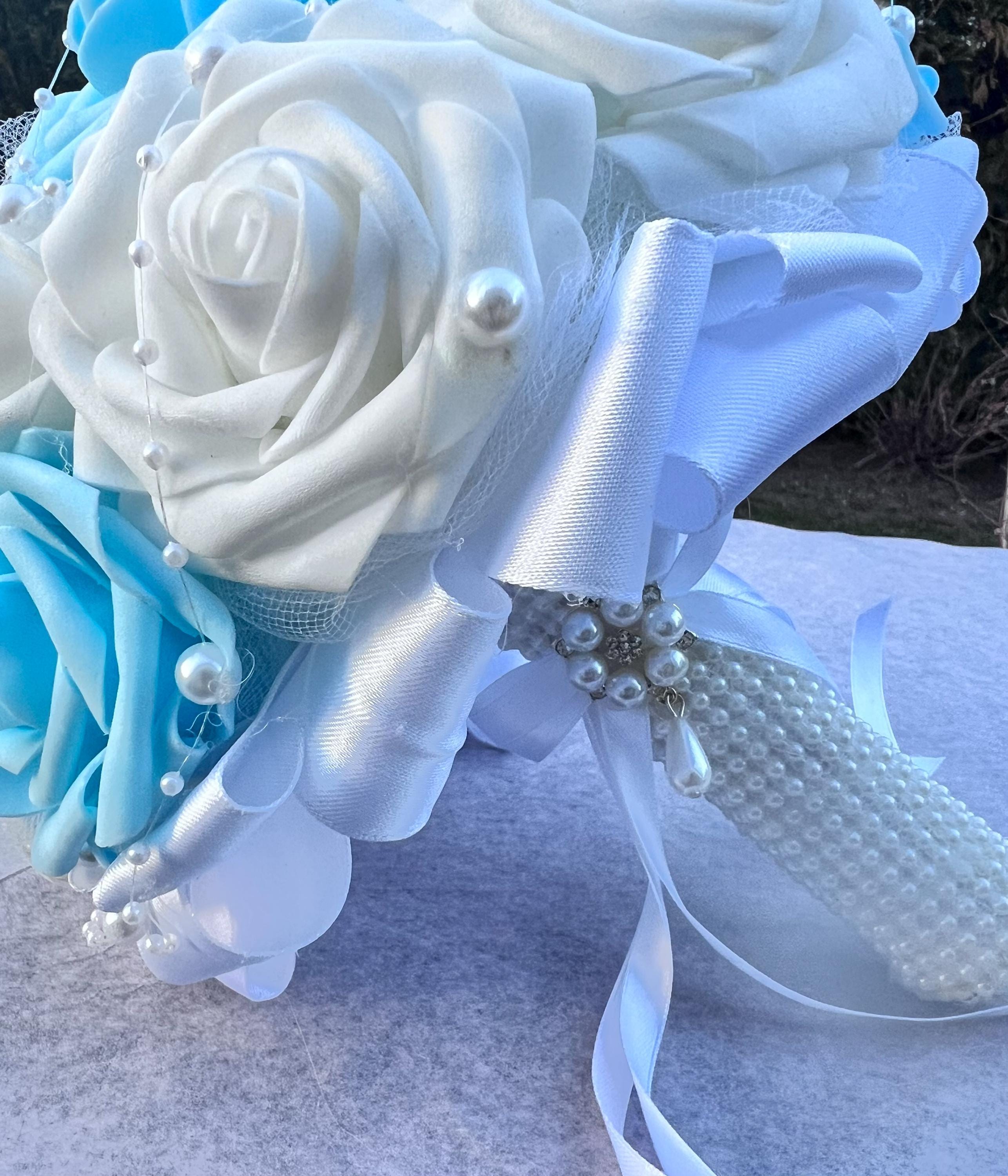 First Holy Communion Blue Bouquet, 9 Inch Real Touch Rose Bouquet ...