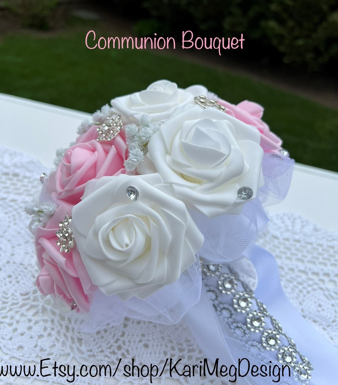 First Holy Communion Bouquet, White and Pink 9" Real Touch Roses ...