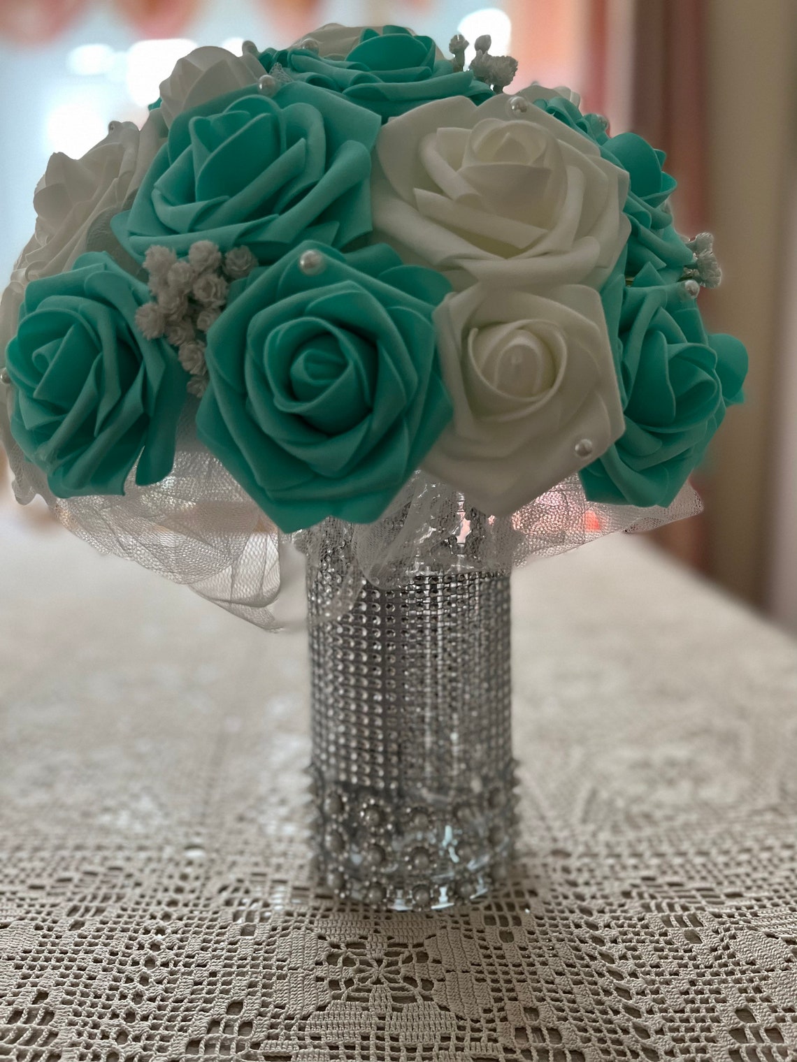 11” Pearl Bridal Bouquet Turquoise Aqua Tiff Blue, Real Touch Roses ...