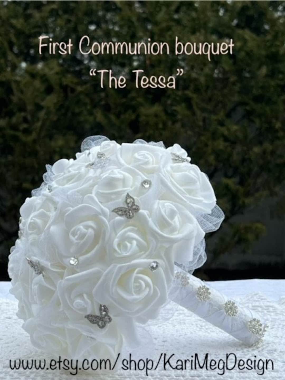 ALL White 9 Inch First Holy Communion Bouquet, Cz Butterflies ...