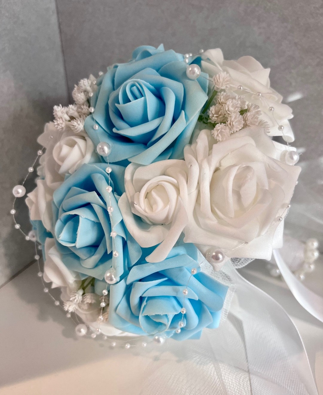 Communion Bouquet, 9 Inch Baby Blue and White Real Touch Roses, Pearl ...