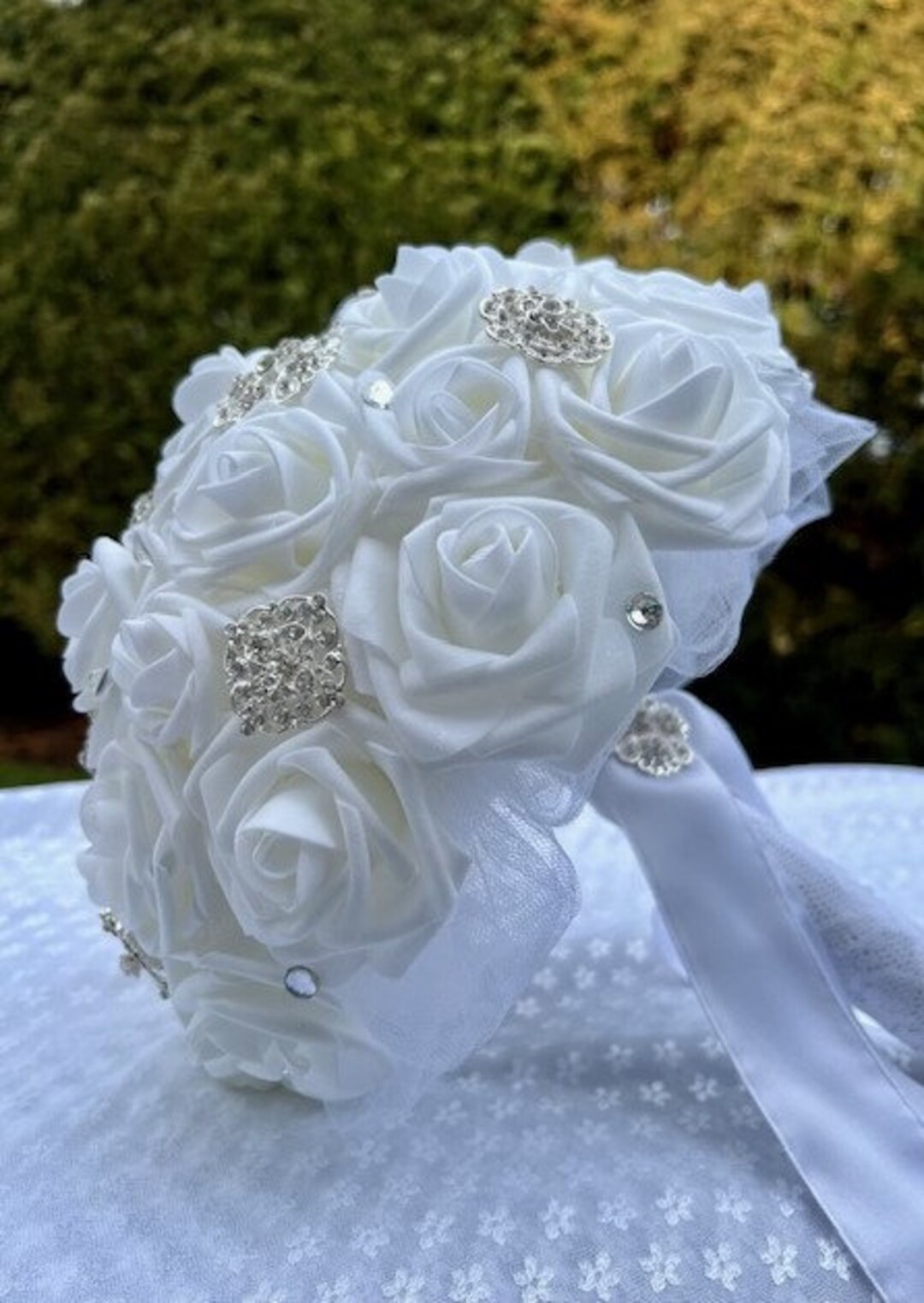 Bride's White Bling Brooch Bouquet, 11 In. Artificial Real Touch Roses ...
