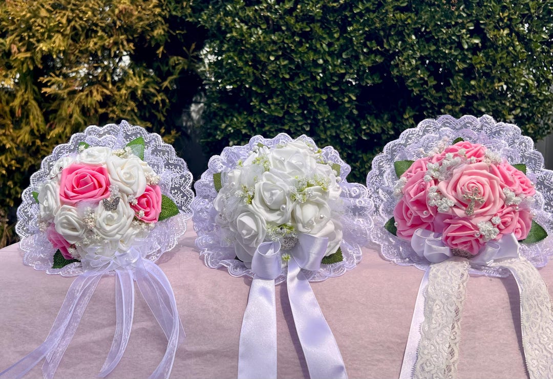 7 Inch First Holy Communion Bouquet, Real Touch Roses, Lace Collar ...