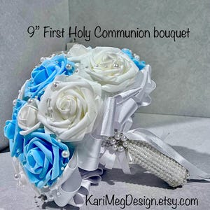 First Holy Communion Blue Bouquet, 9 Inch Real Touch Rose Bouquet ...