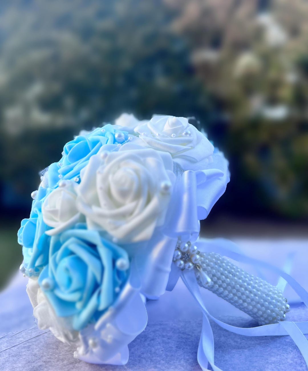 First Holy Communion Blue Bouquet, 9 Inch Real Touch Rose Bouquet ...