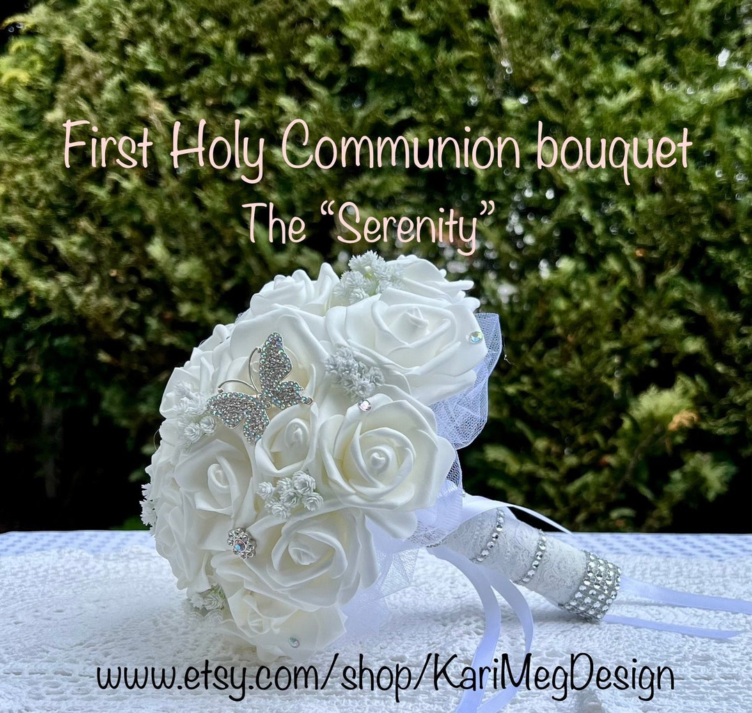 White Bouquet With Large Butterfly 9 Inch First Holy Communion Bouquet ...