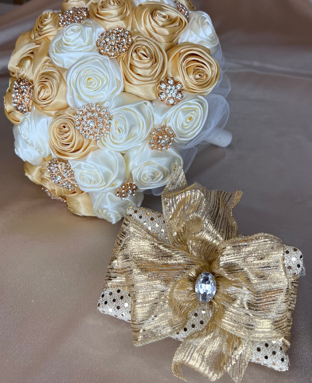 Gold and Ivory Satin Ribbon Rose Bouquet 10 Gold and - Etsy