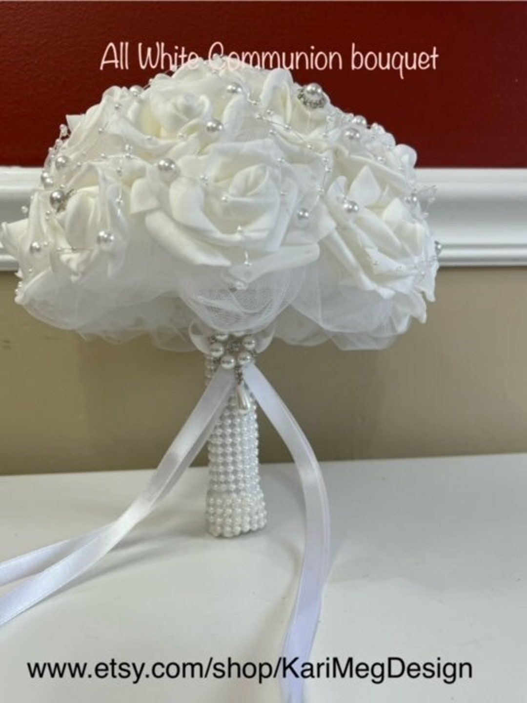 All White First Holy Communion 9 Inch Bouquet, Pearl Garland and ...