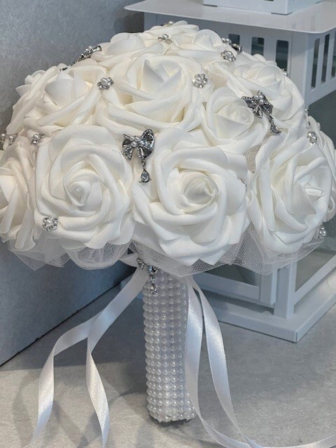 White First Holy Communion Bouquet, 9 Inch, Bow and Pearl Bling Brooch ...