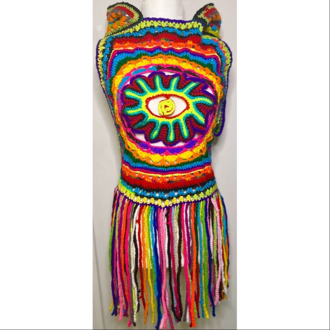 New Handmade Crochet Rainbow Freeform Eye Mandala Fringe Hooded Sweater ...