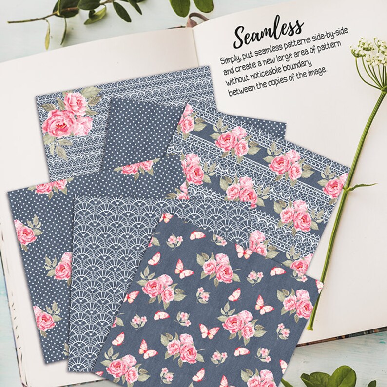 Shabby Chic Digital Paper shabby LACE Denim Floral - Etsy