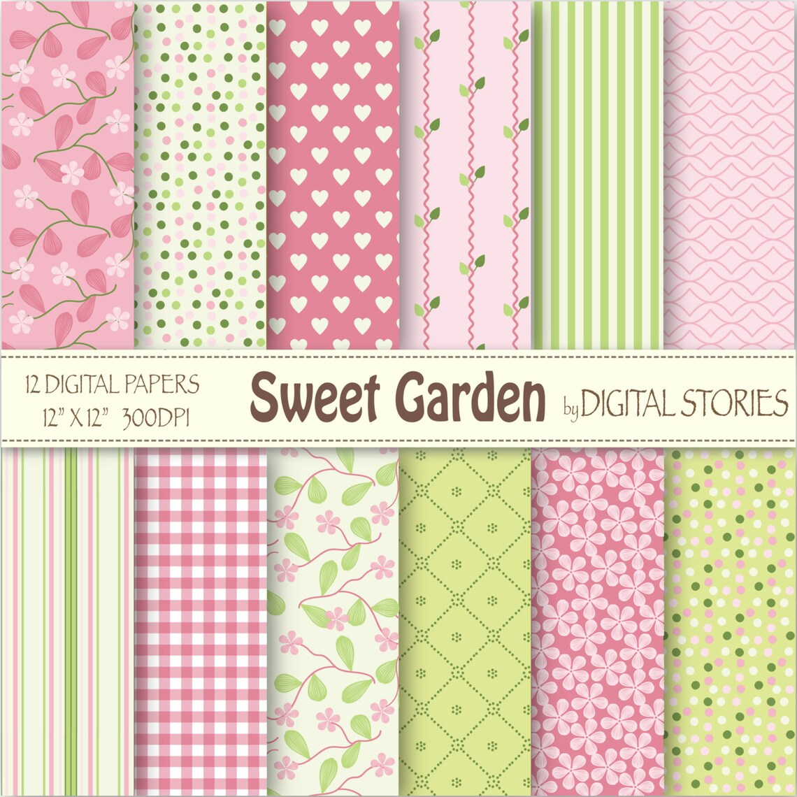Floral Digital Paper: sweet Garden Pink Green Floral Stripes Digital ...