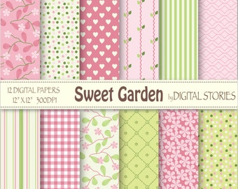 Floral Digital Paper: sweet Garden Pink Green - Etsy