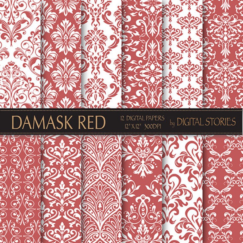 Damask Digital Paper: damask Red Scrapbook Digital - Etsy