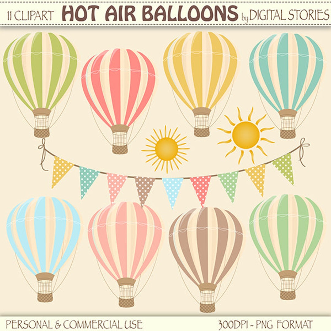 Hot Air Balloons Clipart Digital: hot AIR Balloons With Bunting Banner ...