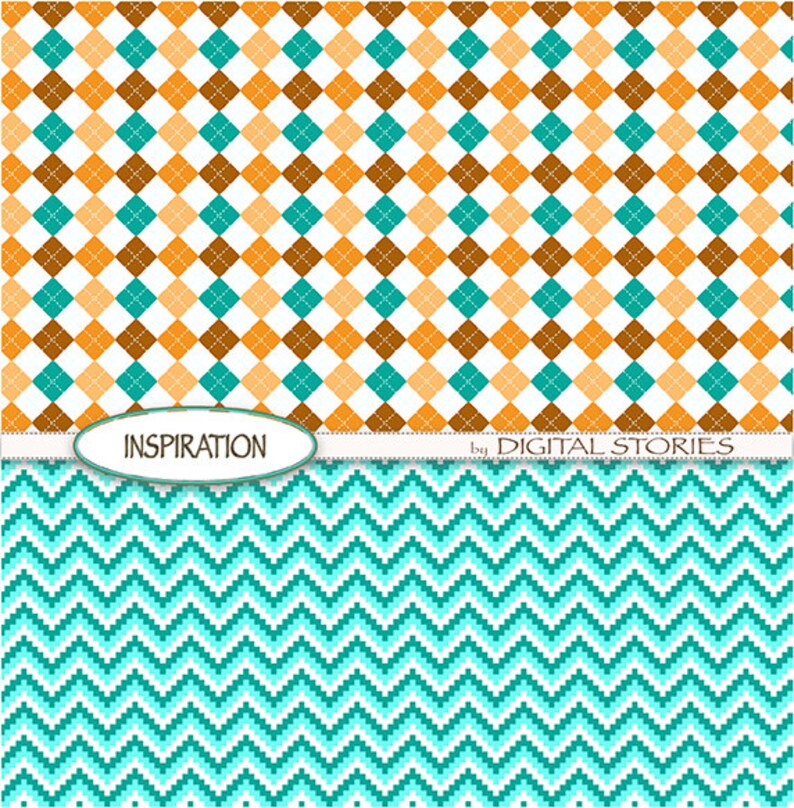 Orange Turquoise Chevron Plaid Digital Scrapbook Paper Pack Inspiration ...