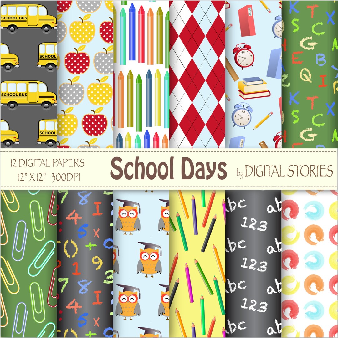School Digital Paper: school Days School Bus Owl Letters Apple ...