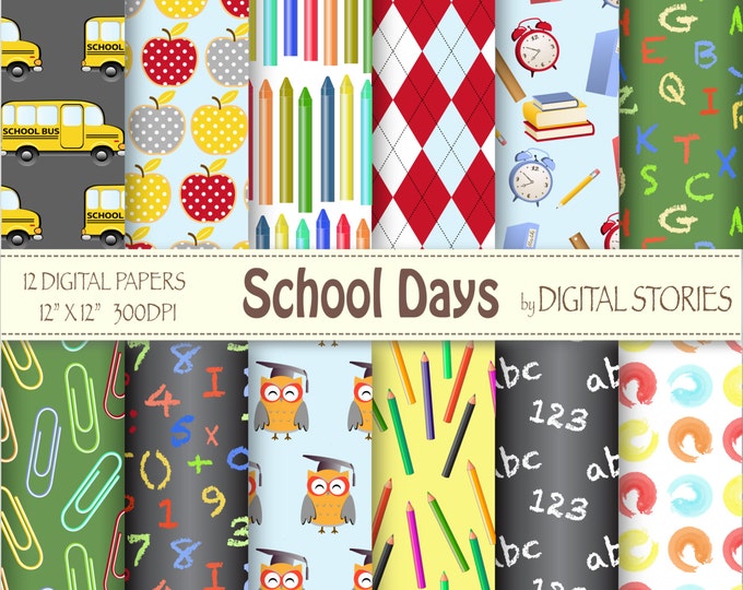 School Digital Paper: school Days School Bus Owl Letters Apple ...