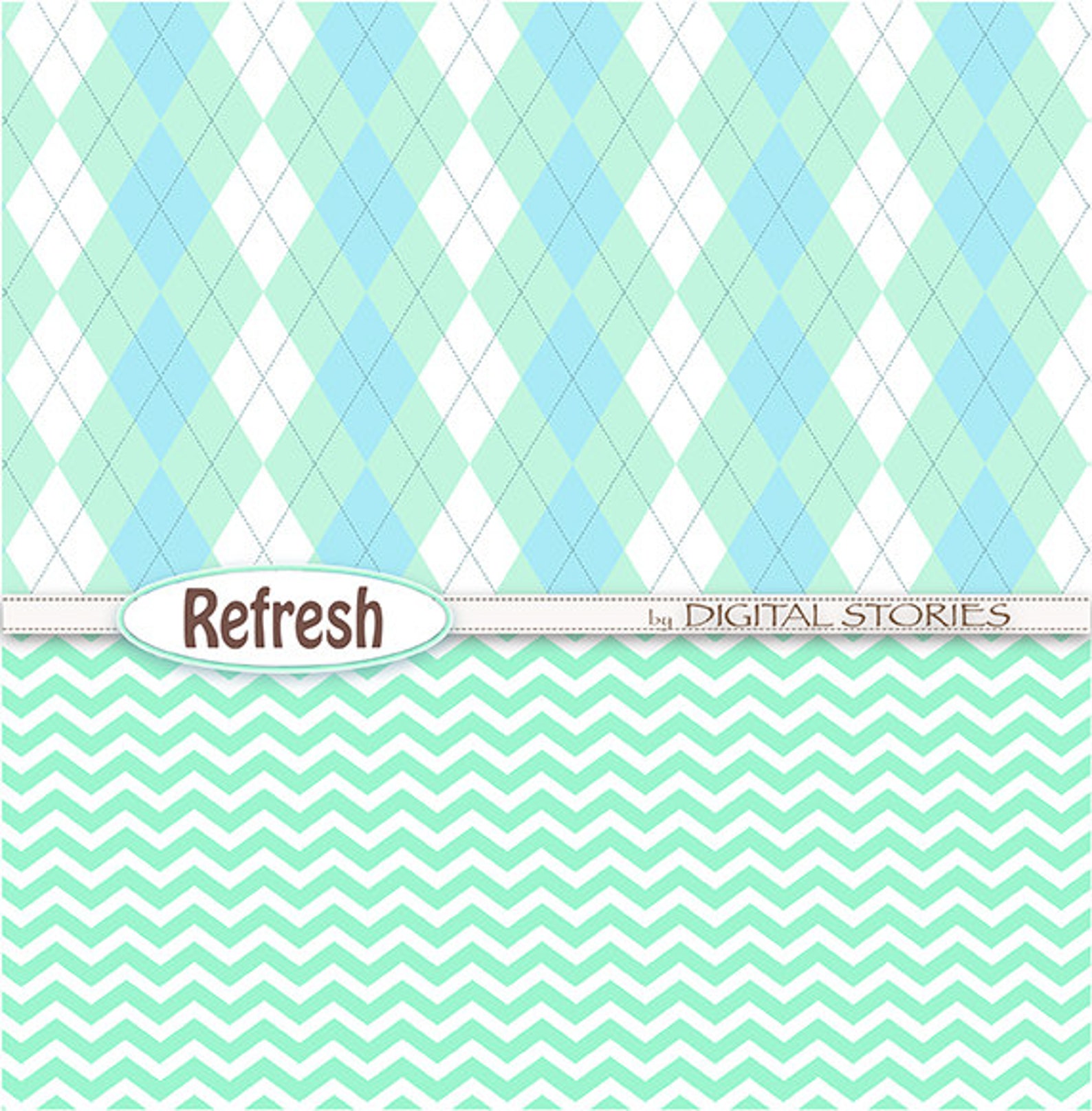 Blue Mint Argyle Chevron Floral Digital Scrapbook Paper Pack Refresh ...