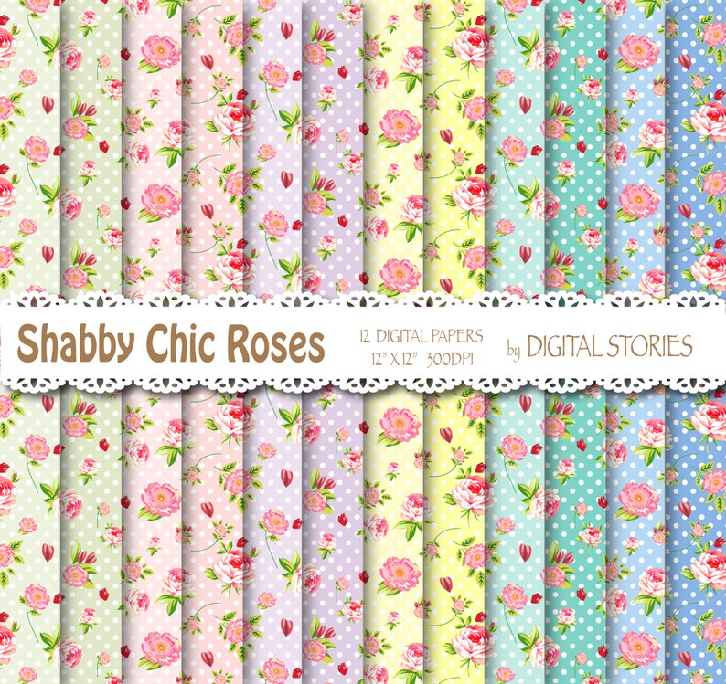 Shabby Chic Digital Paper: DOTS ROSES Floral | Etsy