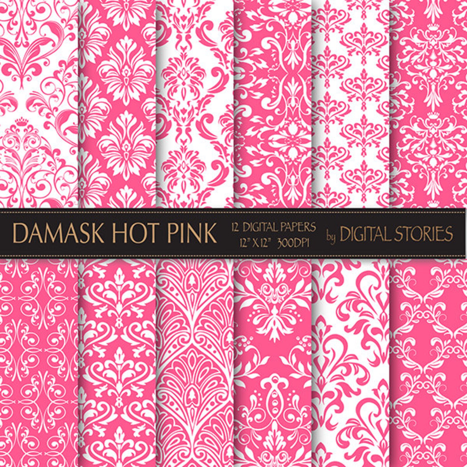 Damask Digital Paper: damask HOT Pink Digital Paper With Vintage ...