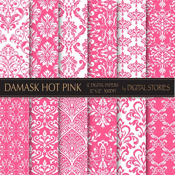Damask Digital Paper: damask HOT Pink Digital Paper With Vintage ...
