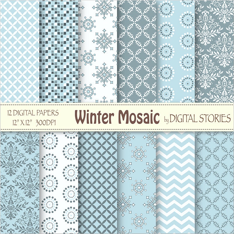 Ice Blue Digital Scrapbook Paper Pack Winter Mosaic instant Download - Etsy