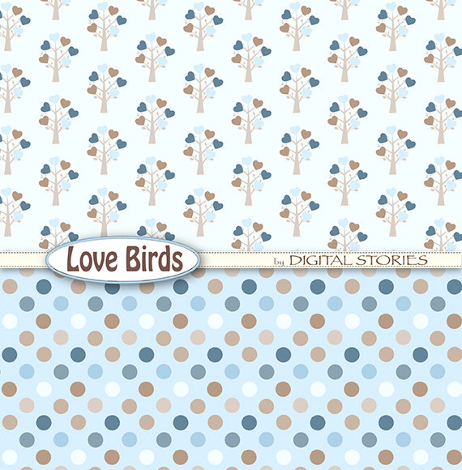 Baby Boy Digital Paper: love Birds Blue White Beige With Hearts, Birds ...