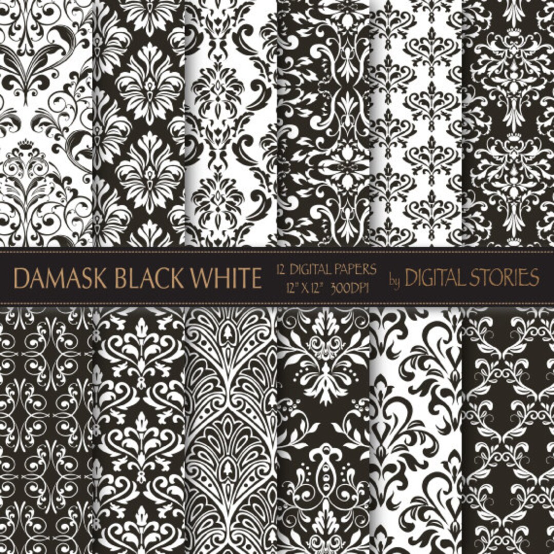 Damask Digital Paper: damask BLACK White Scrapbook Paper With Vintage ...