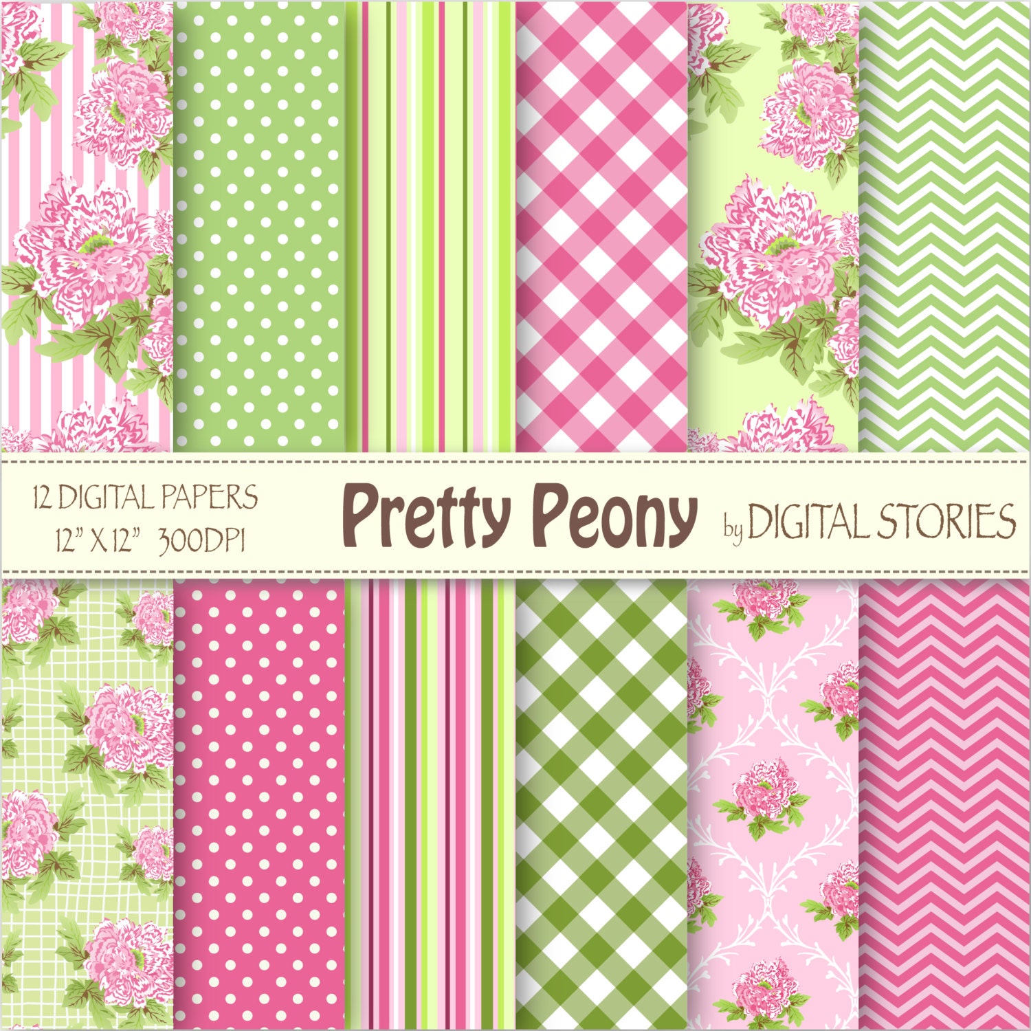 Floral Digital Paper: pretty Peony Hot Pink Green Flower Shabby Chic ...
