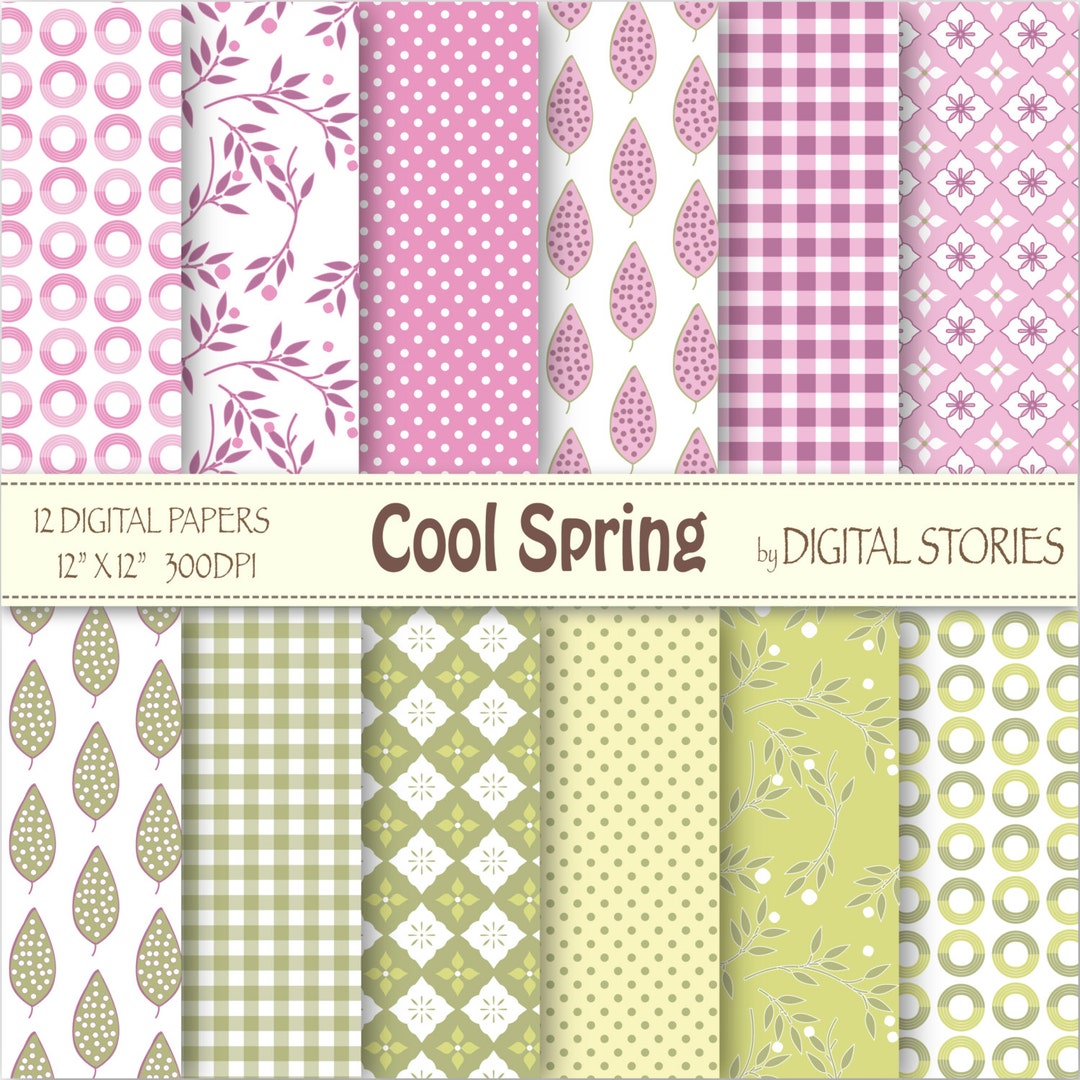 Pink Green Digital Paper Pack Floral Plaid Cool Spring Instant Download ...