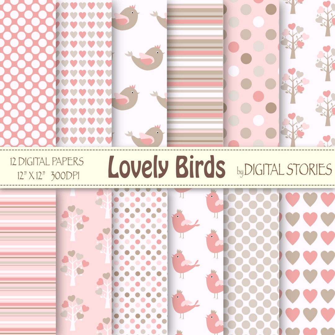 Baby Girl Digital Paper: lovely Birds Pink Beige Hearts Dots Stripes ...
