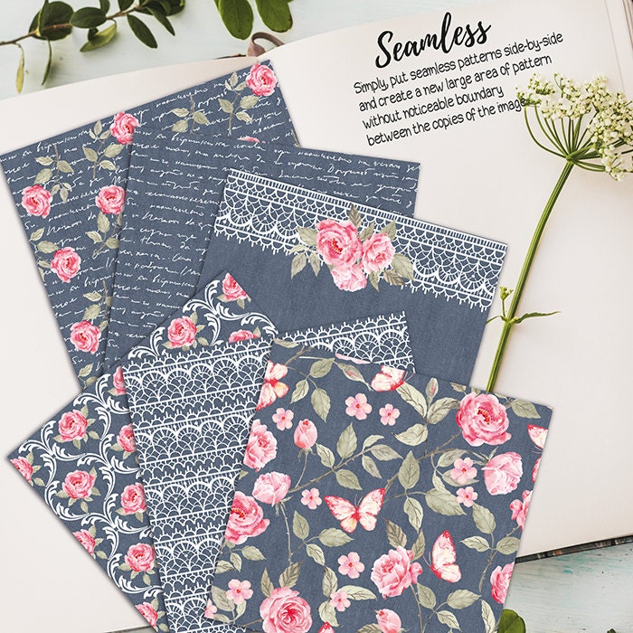 Shabby Chic Digital Paper shabby LACE Denim Floral Seamless, Tileable ...