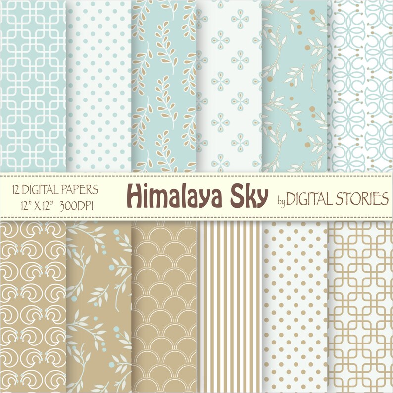 Floral Digital Paper: HIMALAYA Sky Light Blue Beige Floral Scrapbook ...