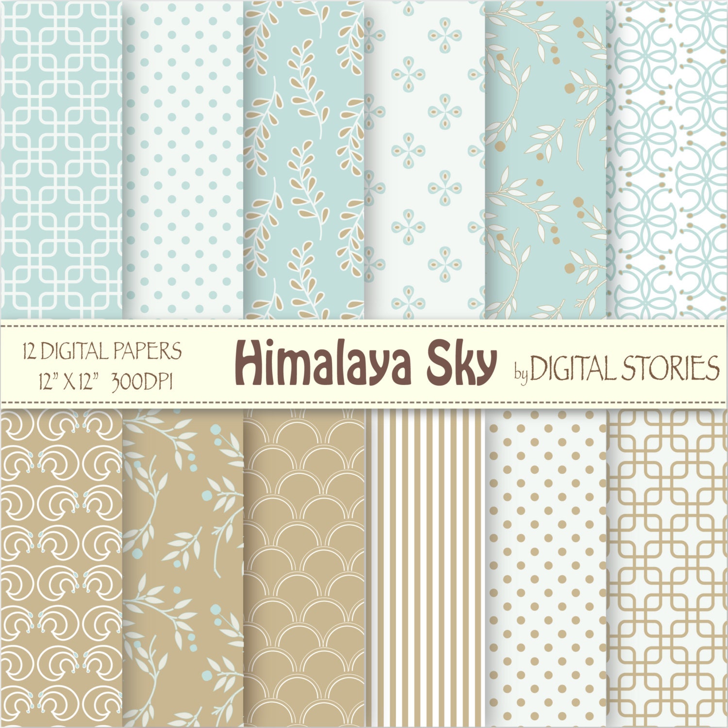 Floral Digital Paper: HIMALAYA Sky Light Blue Beige Floral Scrapbook ...