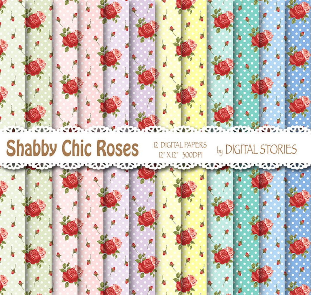 Shabby Chic Digital Paper: dots RED Roses Floral Background With Roses ...