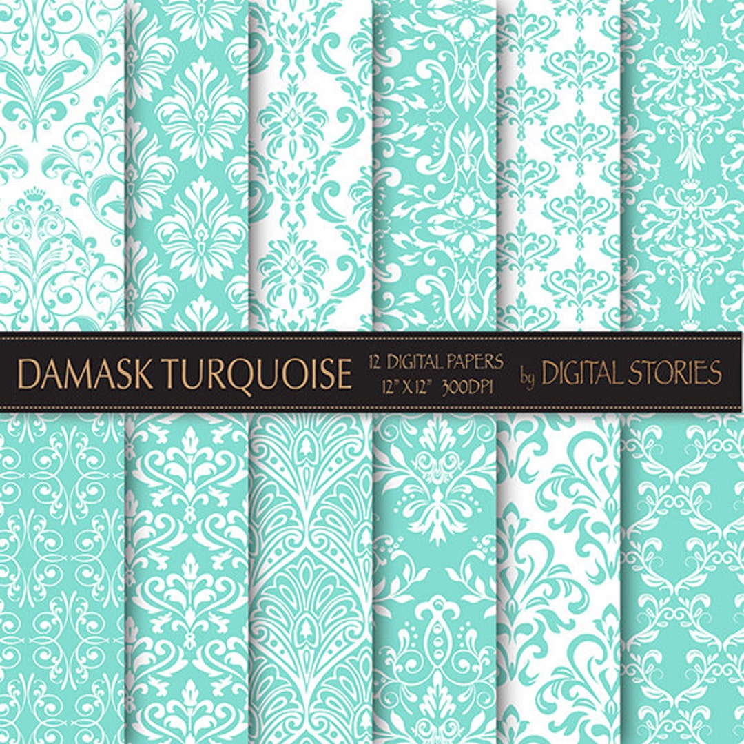 Damask Digital Paper: damask Turquoise Scrapbook Paper With Vintage ...