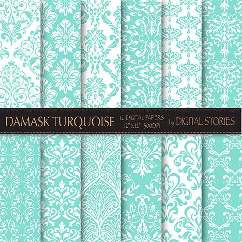 Damask Digital Paper: damask Turquoise Scrapbook - Etsy