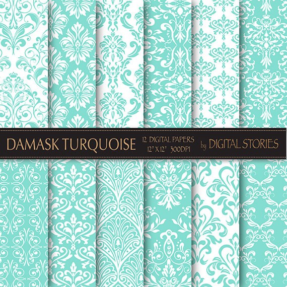 Damask Digital Paper: damask Turquoise Scrapbook Paper With Vintage ...