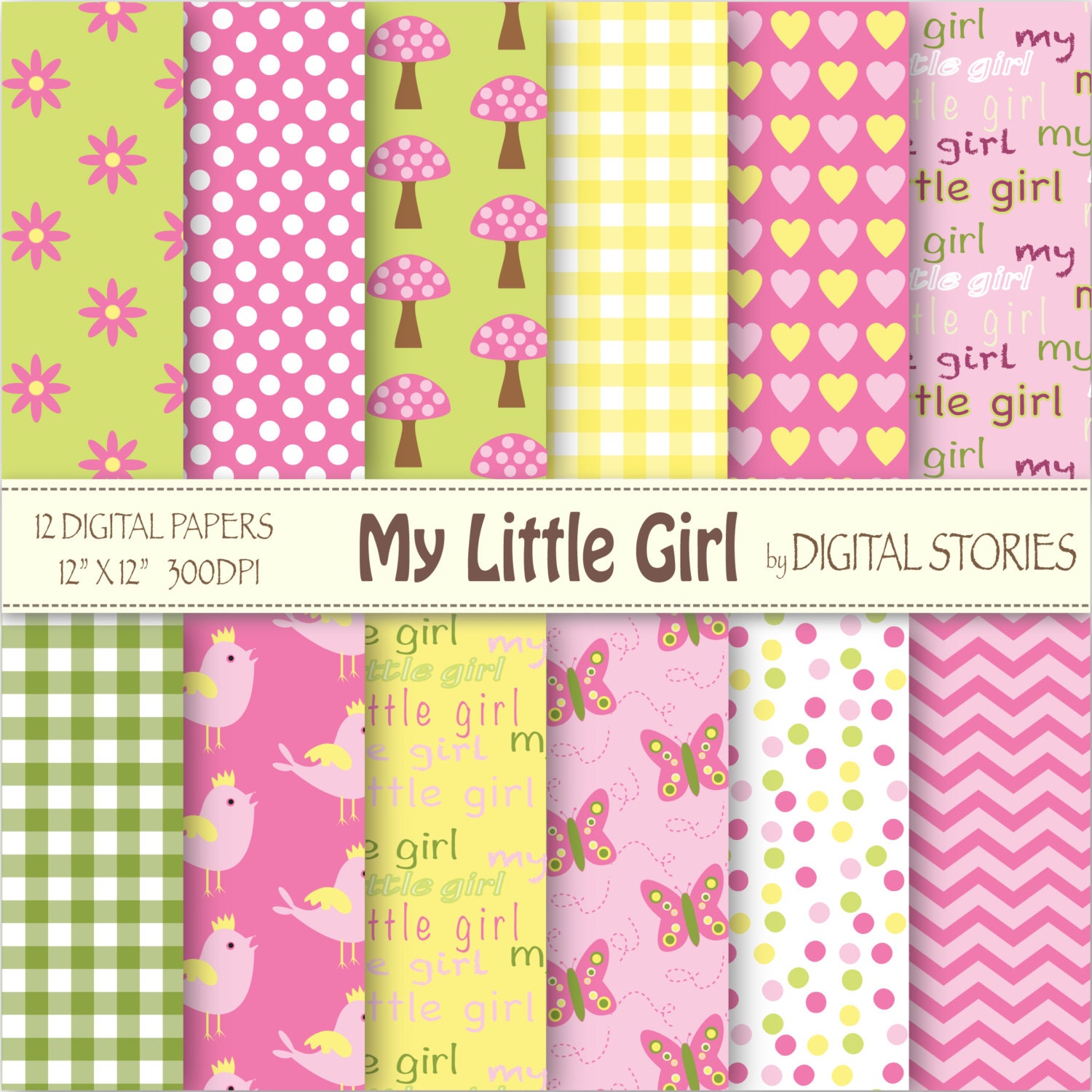 Baby Girl Digital Paper: my LITTLE Girl Green Pink - Etsy
