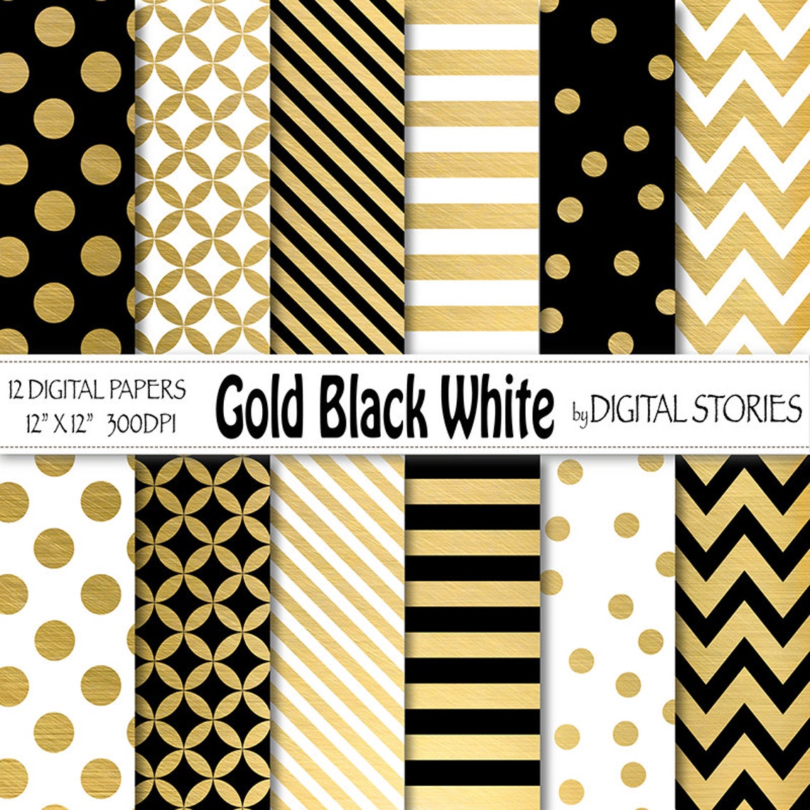 Gold Foil Digital Paper: gold BLACK White Golden Shiny Glam Dots ...