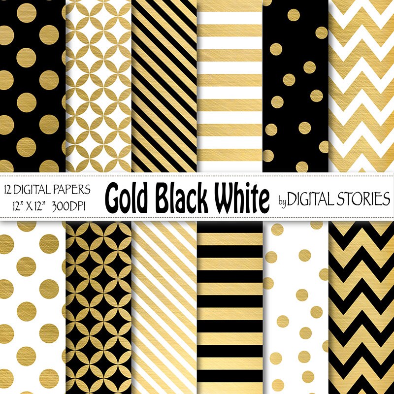 Gold Foil Digital Paper: gold BLACK White Golden Shiny Glam Dots ...