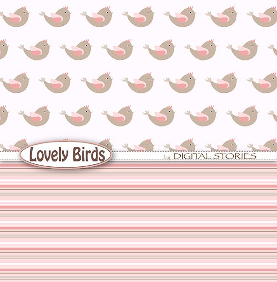 Baby Girl Digital Paper: lovely Birds Pink Beige Hearts Dots Stripes ...