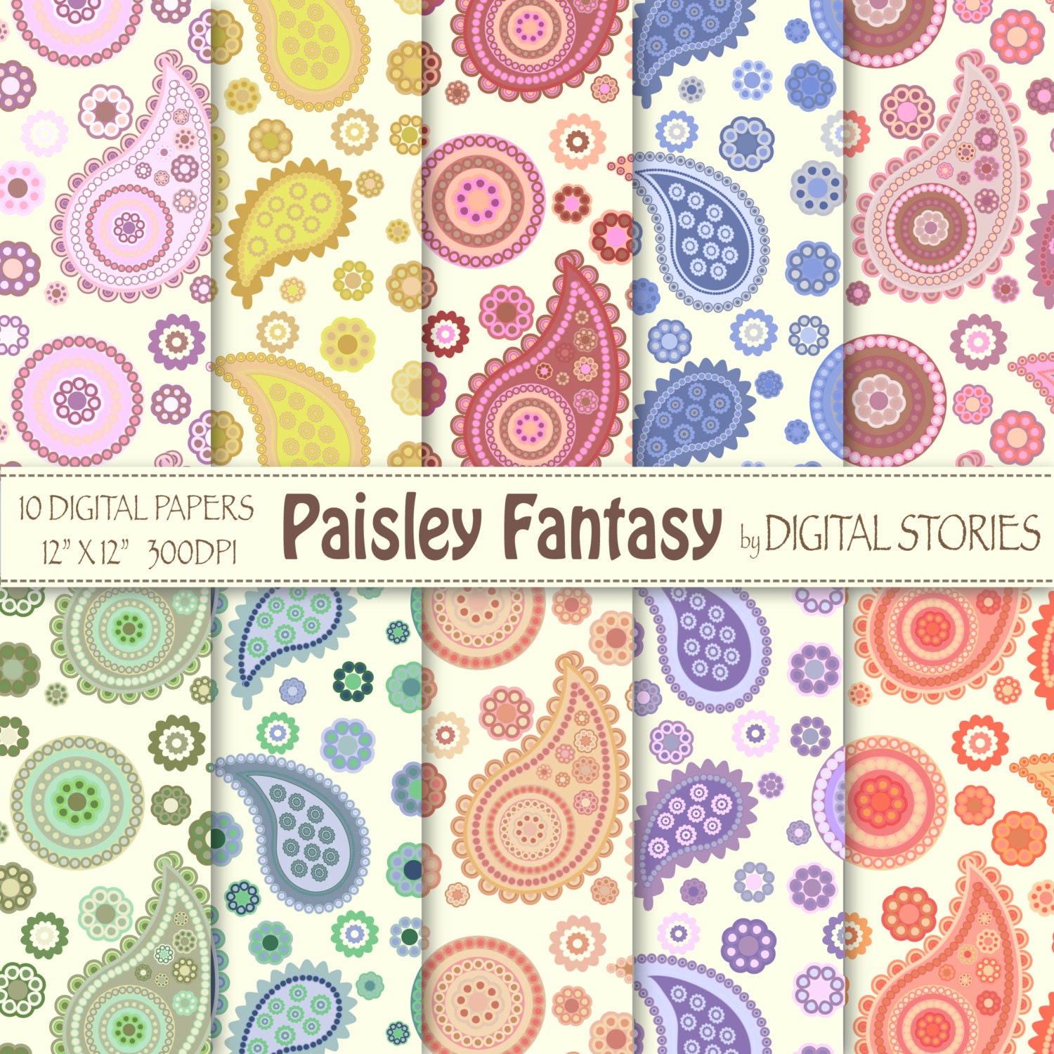 Paisley Digital Paper: paisley FANTASY 3 Scrapbook Paper With Colorful ...