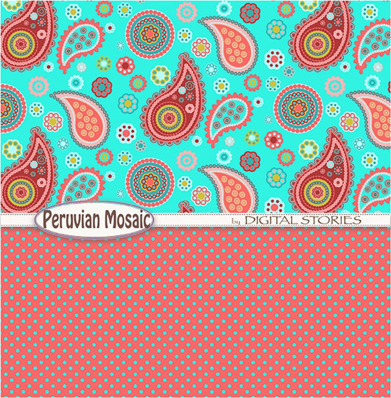 Paisley Digital Paper: peruvian Mosaic Red Turquoise Pink Paisley ...