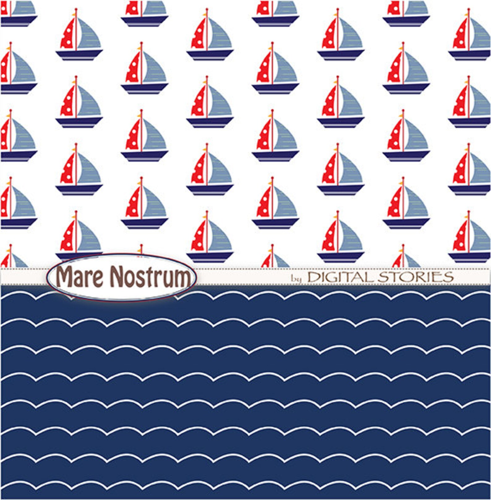 Baby Boy Nautical Digital Paper Pack Red Blue Waves Anchors Whale Mare ...