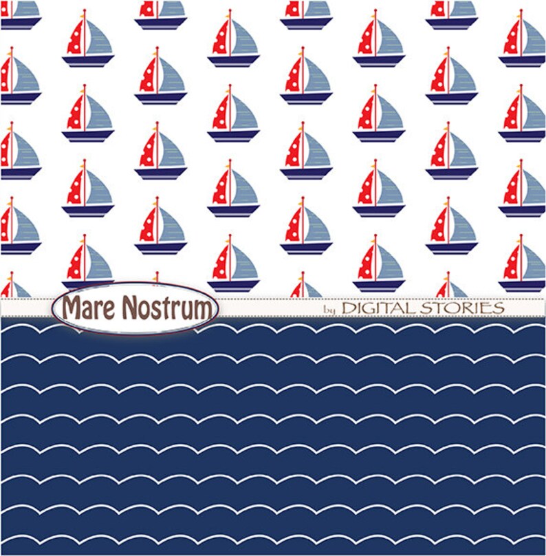 Baby Boy Nautical Digital Paper Pack Red Blue Waves Anchors Whale Mare ...