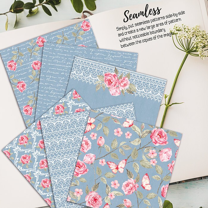 Shabby Chic Digital Paper:shabby LACE DENIM 2 Floral Seamless, Tileable ...